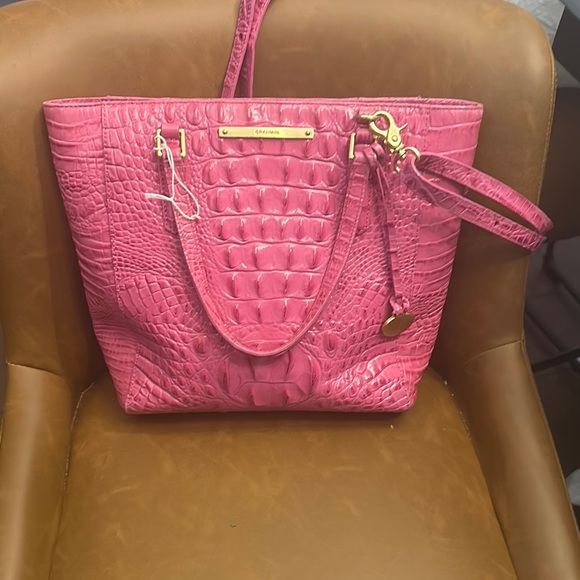 Brahmin | Bags | Brahmin Pink Crocembossed Leather Tote | Poshmark